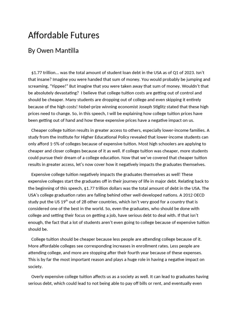 Affordable Futures (Speech Final Draft) | PDF | Tuition Payments | Poverty
