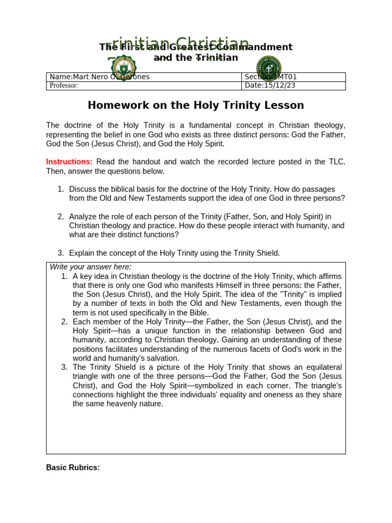 Homework on Holy Trinity Lesson | PDF | Trinity | God The Father