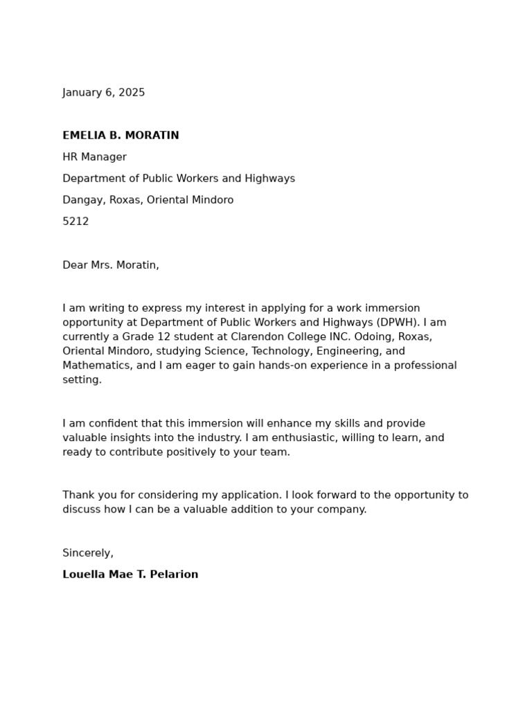 Work Immersion Application Letter | PDF
