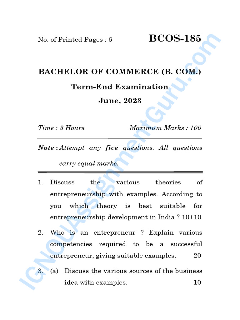 BCOS-185 Entrepreneurship Exam Paper | PDF | Entrepreneurship | Small ...