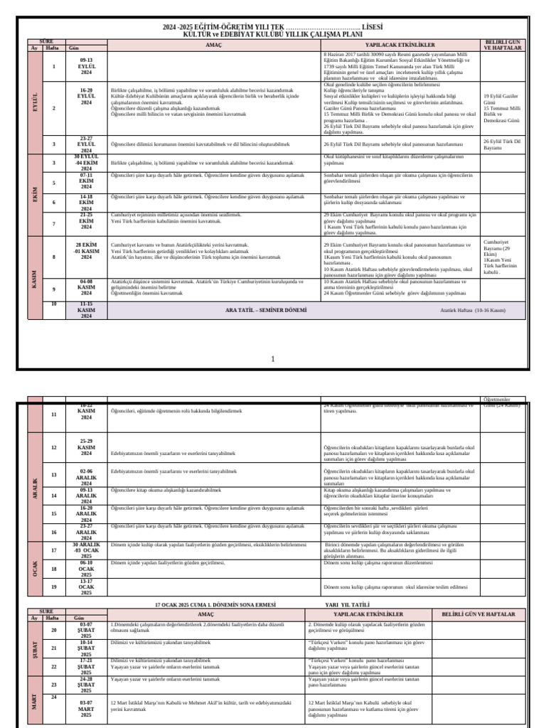 2024 2025 Kultur Edebiyat Kulubu Yillik Calisma Plani | PDF