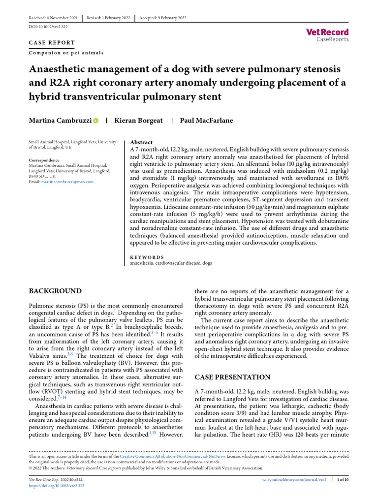 Vet Record Case Reports - 2022 - Cambruzzi - Anaesthetic management of ...