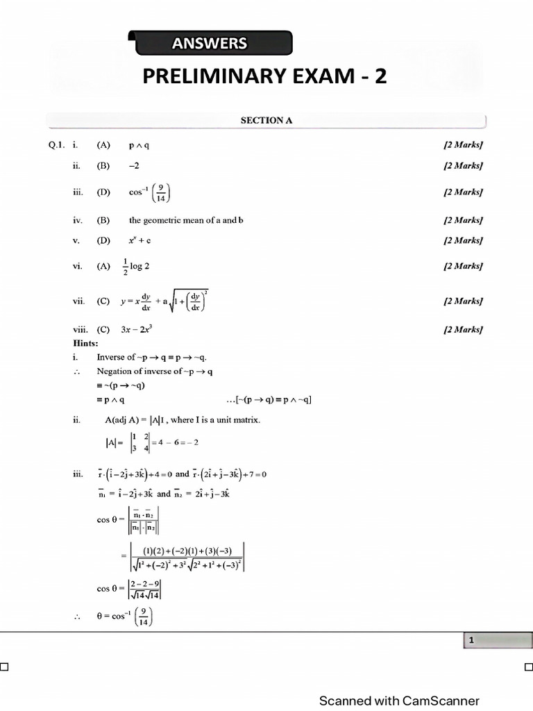 Maths Preliminary-2 Test Solutions | PDF
