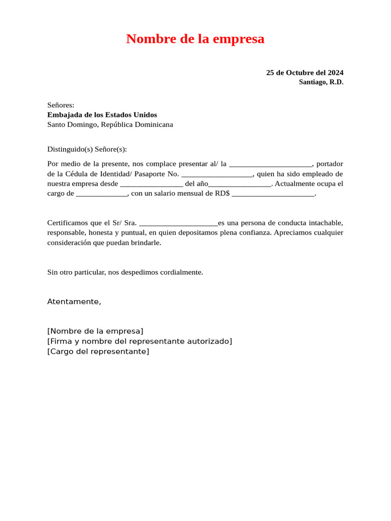 Carta para La Embajada Visa de Paseo | PDF