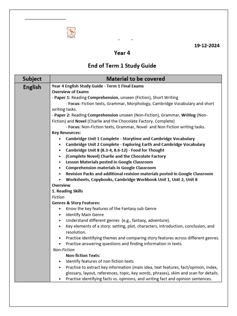 Year 4 Final Term 1 Study Guide | PDF | Multiplication | Verb