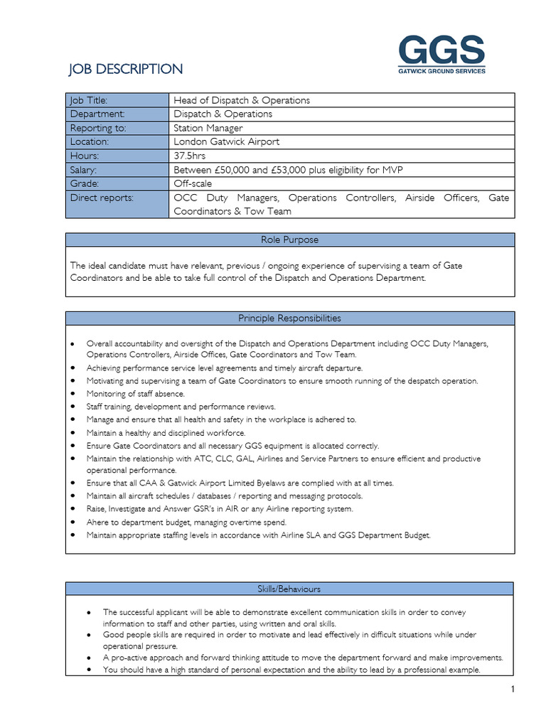 GGS Job Description - Head of Dispatch & Operations | PDF | Airport ...