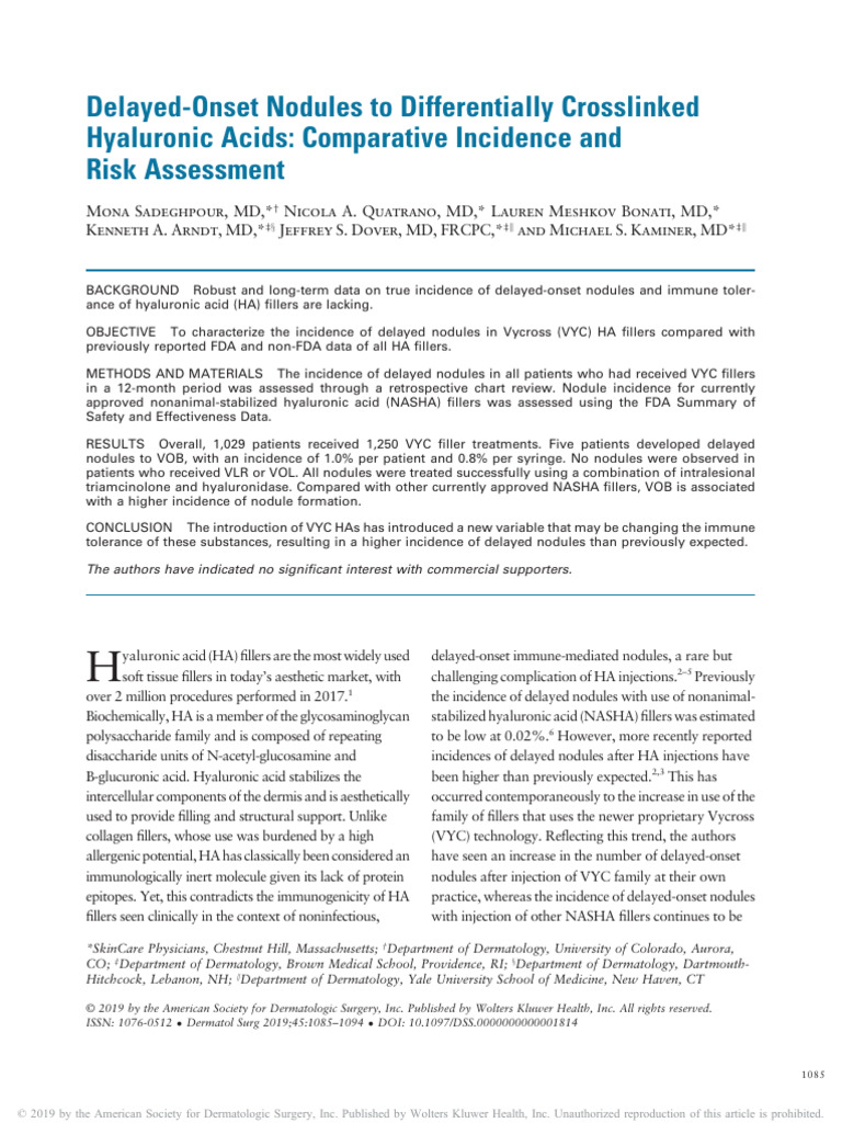 Delayed-Onset Nodules in Vycross HA Fillers | PDF | Injection (Medicine ...