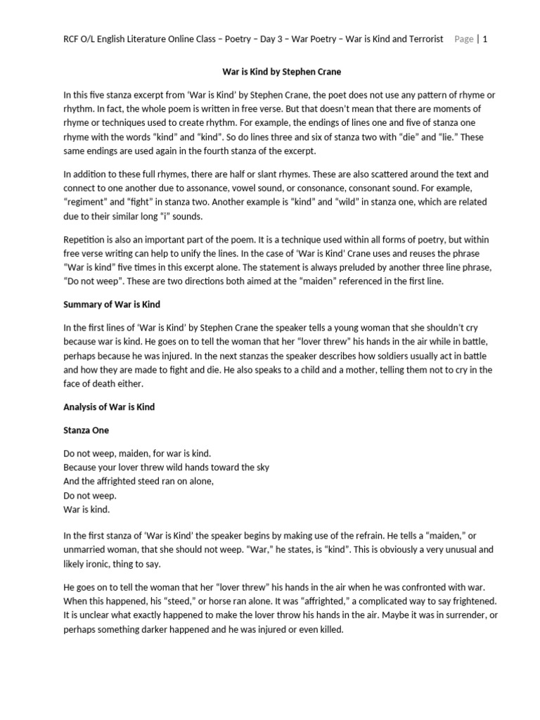War Is Kind by Stephen Crane and Terrorist Analysis | PDF | Poetry | Rhyme