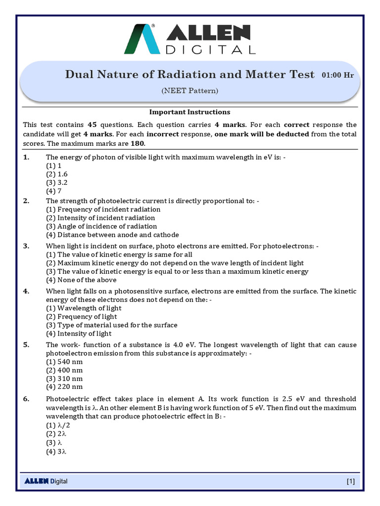 Allen test | PDF | Photoelectric Effect | Electromagnetic Radiation