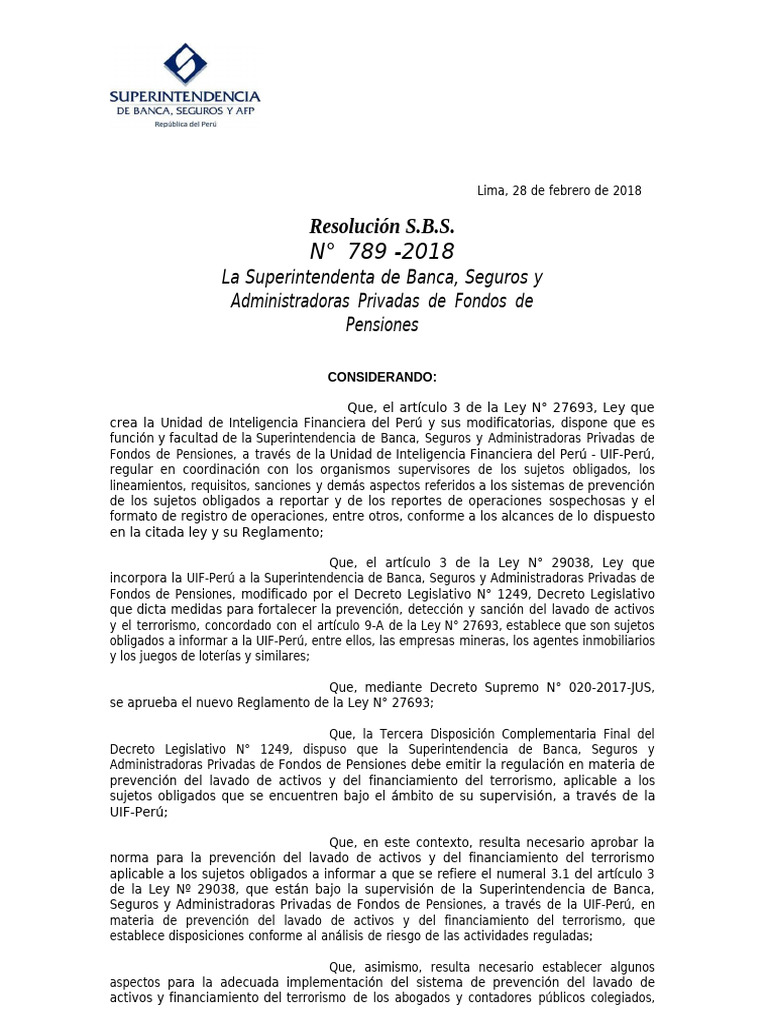 Resolución S.B.S.: La Superintendenta de Banca, Seguros y Administradoras Privadas de Fondos de ...