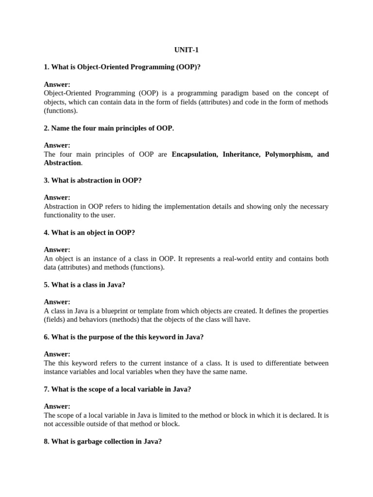 Unit Wise 1 Mark Question and Answers | PDF | Inheritance (Object Oriented Programming) | Class ...