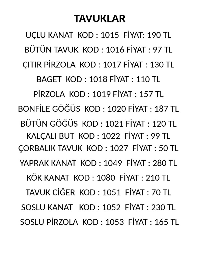 Fiyat Kod Isim Listesi | PDF