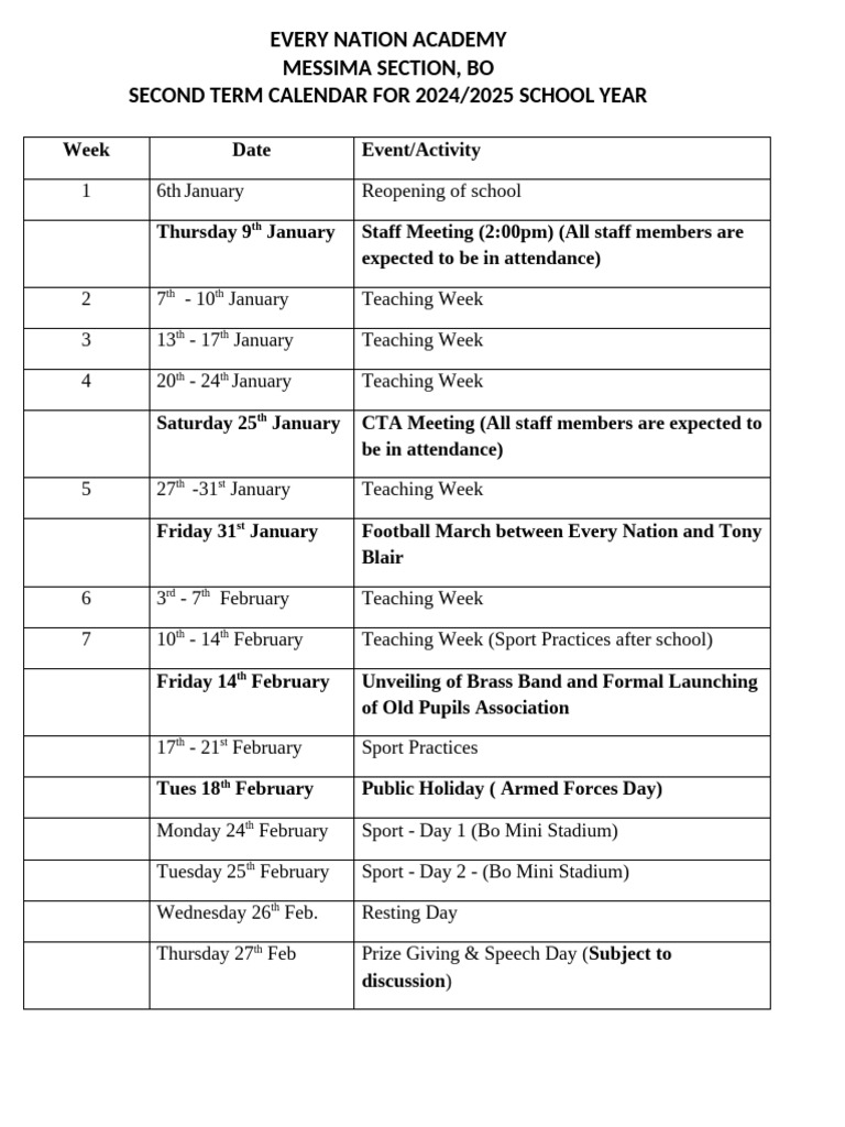 Second - Term - Calendar 20245 Now | PDF