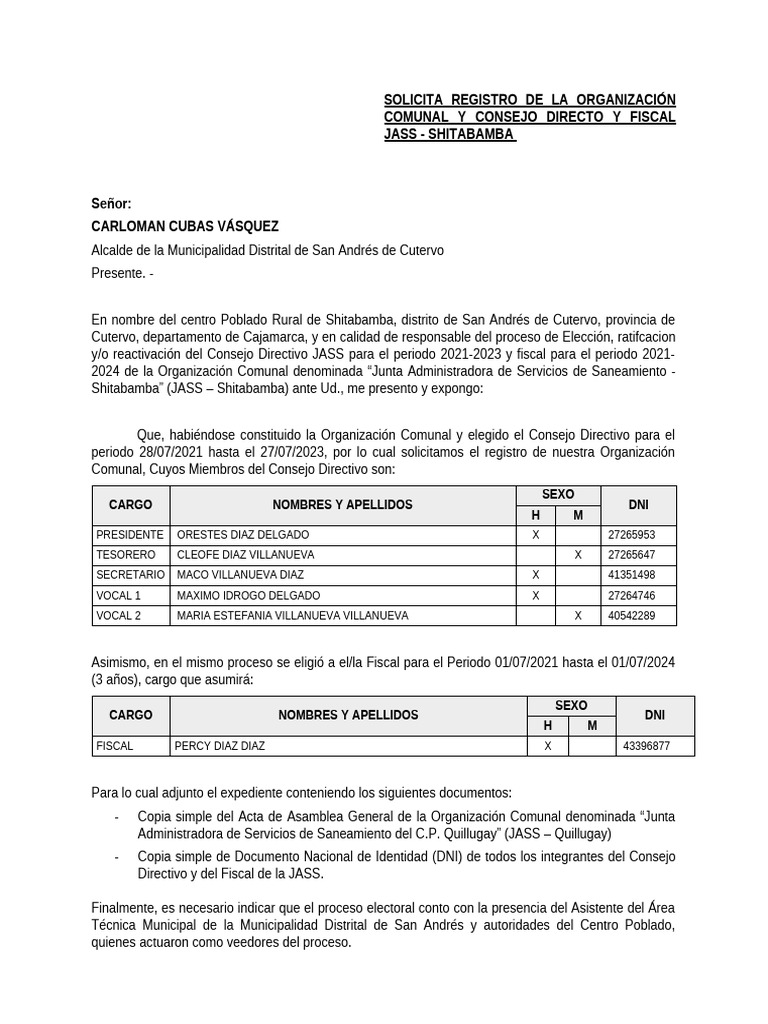 Solicitud para Registro Jass Shitabamba | PDF | Documento de identidad | Alcalde