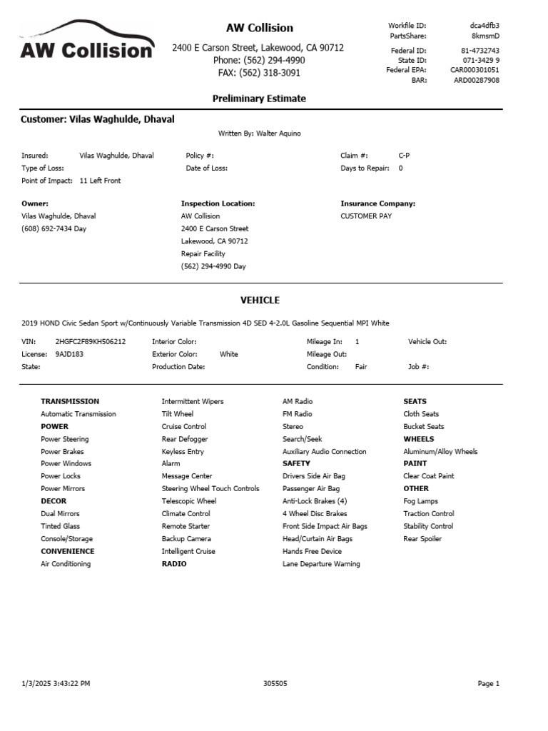 2019 Honda Civic Repair Estimate | PDF | Insurance | Car
