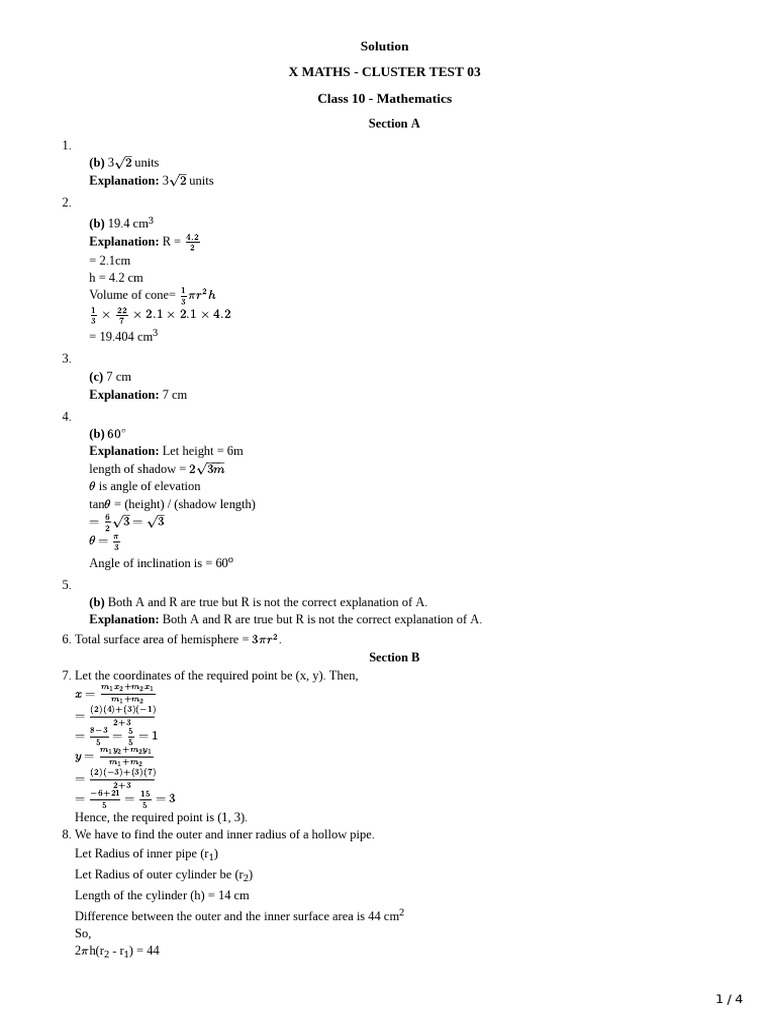 Grade 10 Maths Cluster Test Solutions | PDF | Volume | Geometric Shapes
