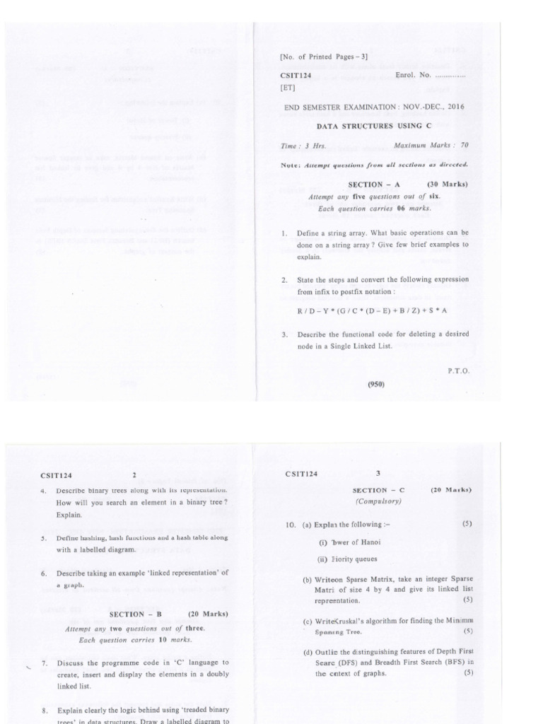 Data structures using c, CSIT124 (ET), Nov.-Dec. 2016 | PDF