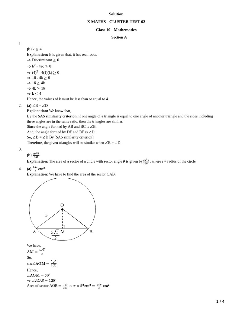 Maths Cluster Test 02 (Solution) - 30.12.2024 | PDF | Angle | Area