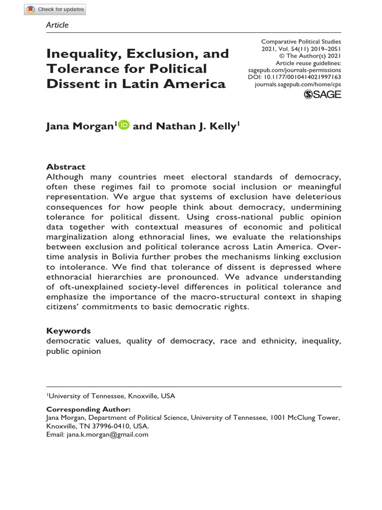 Morgan Kelly 2021 Inequality Exclusion and Tolerance For Political ...