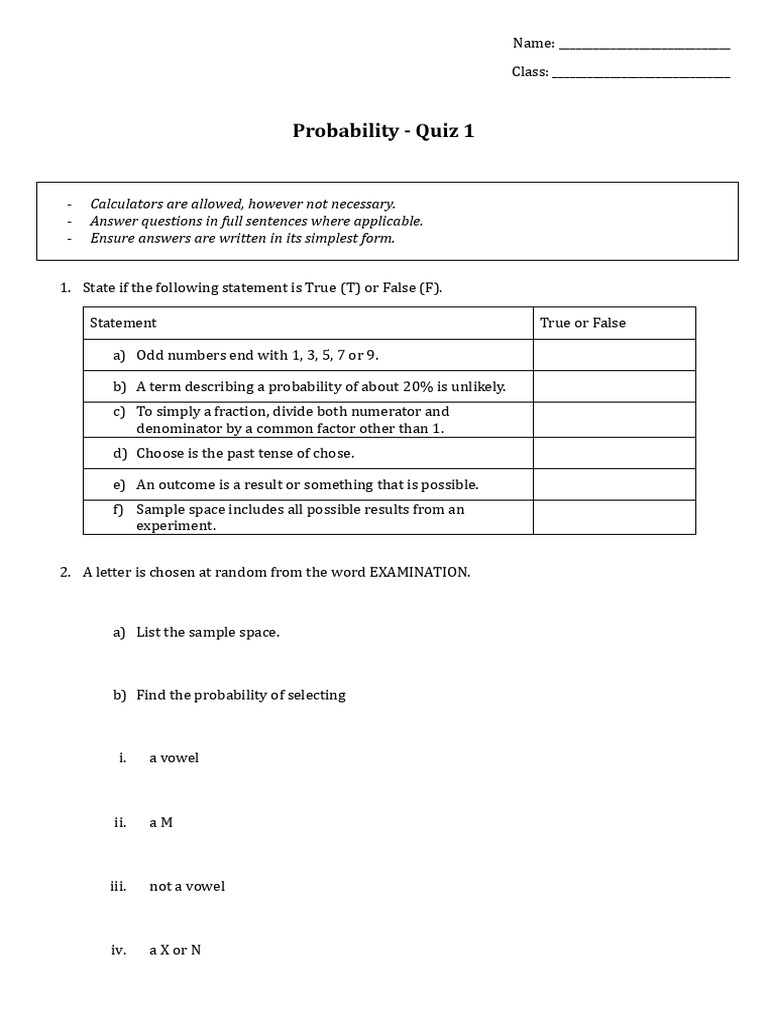 Probability Quiz 1 Lower Ability | PDF | Probability Theory