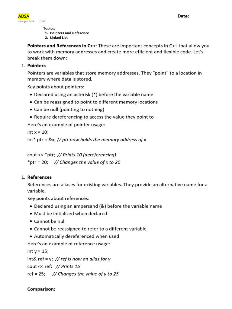 ADSA Lec 4 Aug 28 2024 | PDF | Pointer (Computer Programming) | Computer Science