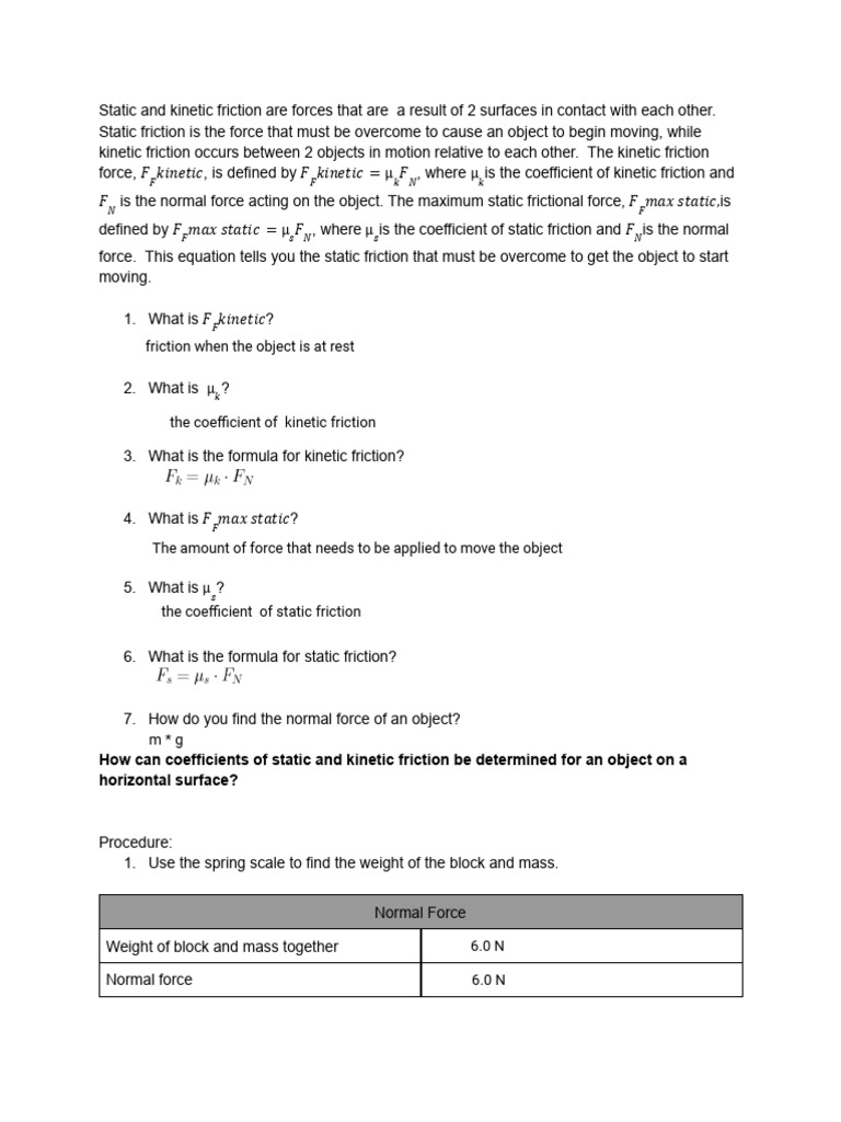 Zoelynn Marville - FA Coefficient of Friction Lab | PDF | Friction | Force