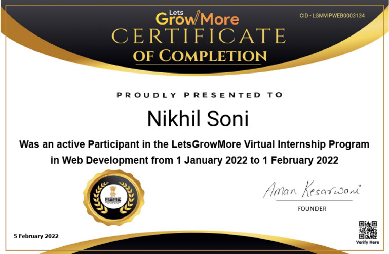 Web Development Intership Certificate | PDF