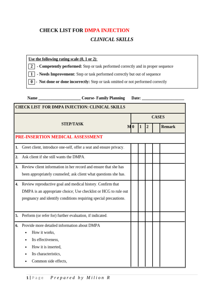 Check List For DMPA Injection | PDF | Injection (Medicine)