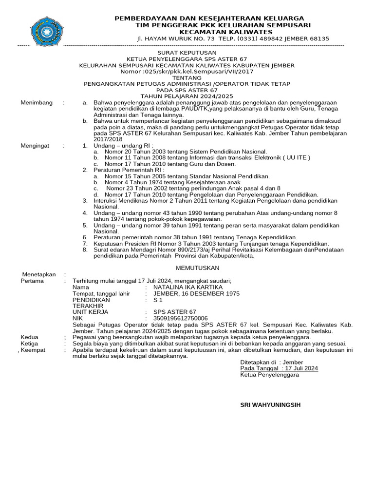 Contoh SK Operator Sekolah | PDF