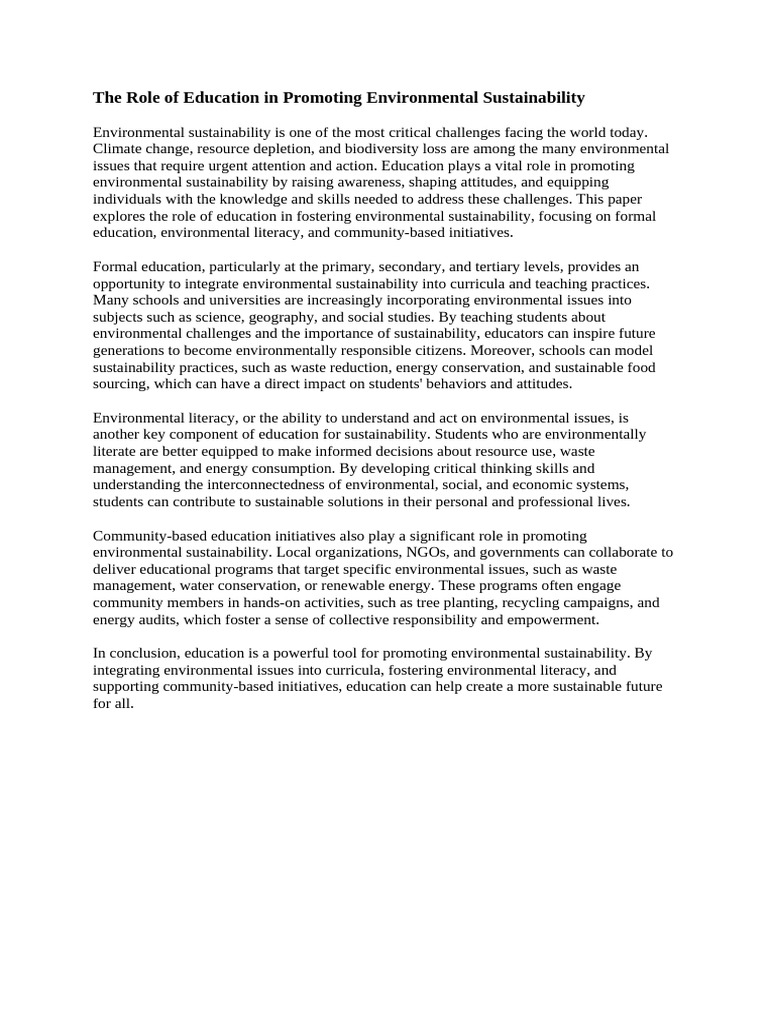 The Role of Education in Promoting Environmental Sustainability | PDF ... The Role of Education in Promoting Environmental Sustainability | PDF ...
