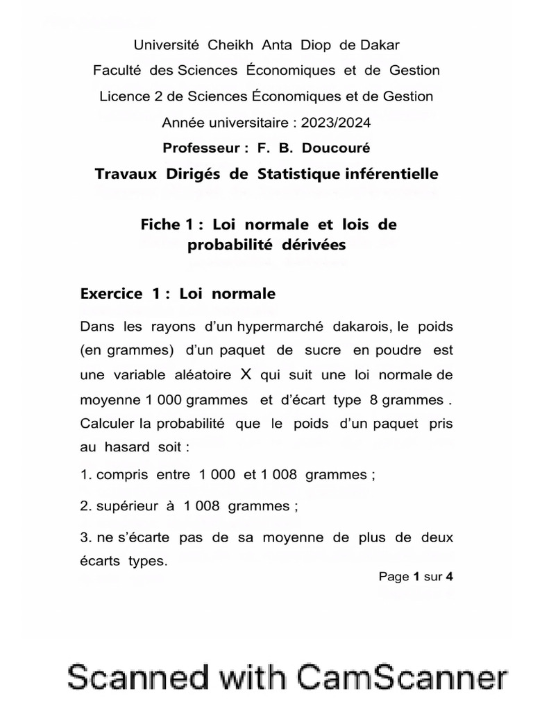 Fiche TD N°1 Stat3 L2 SEM1 2023-2024 | PDF