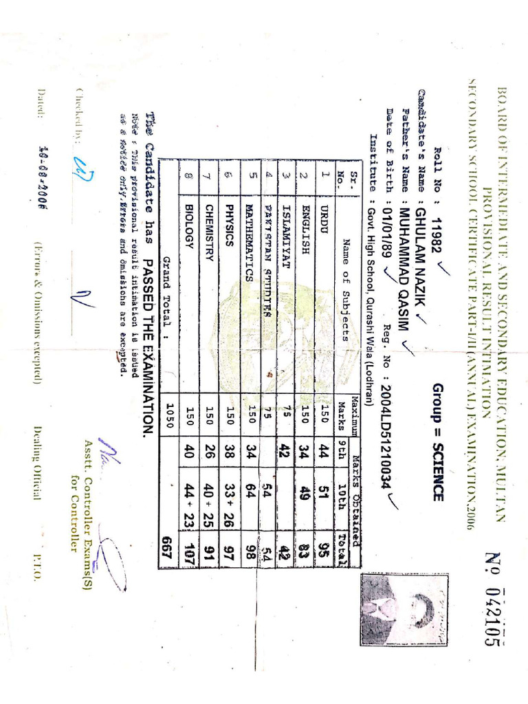 Matric Result Card | PDF