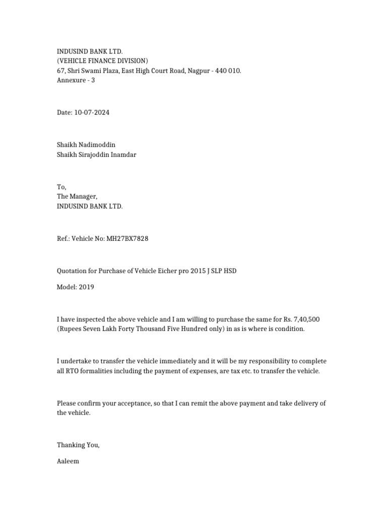 IndusInd Bank Quotation | PDF