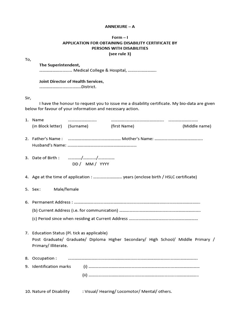 Disability Certificate Application Form | PDF | Government And Personhood