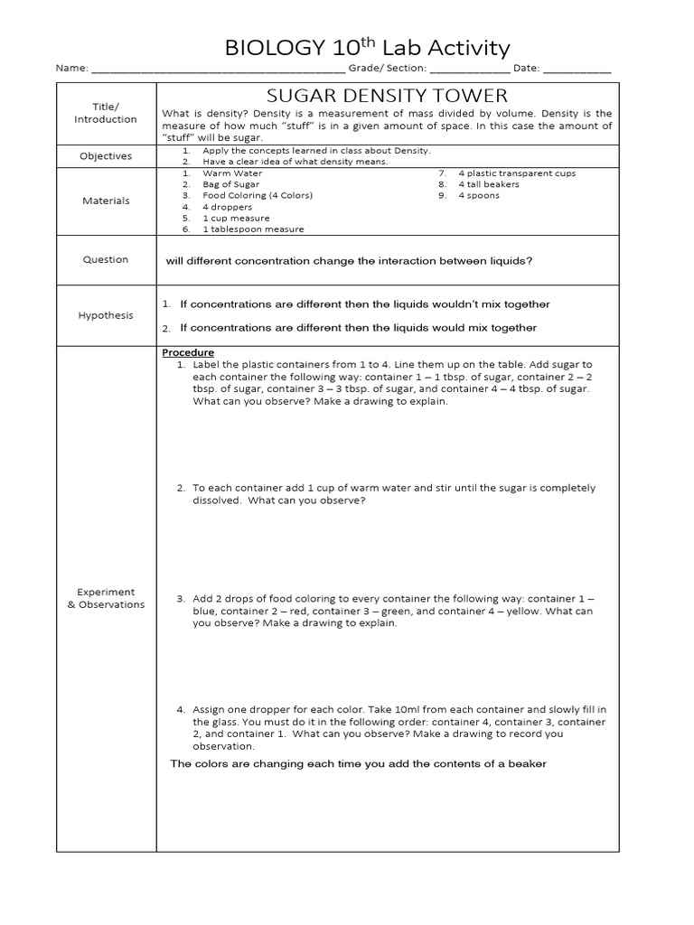 Sugar Density Tower Lab | PDF | Tablespoon