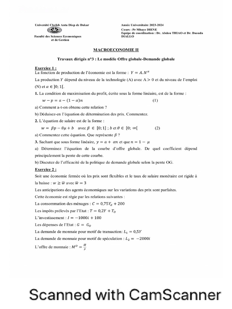 Fiche TD N°3 MACROECONOMIE L2 SEM1 2023 | PDF