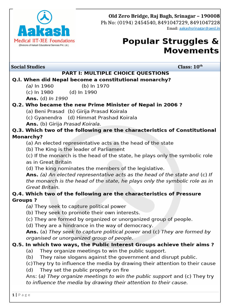 Chapter 5 - Popular Struggles & Movements - Question & Answers (20-06 ...