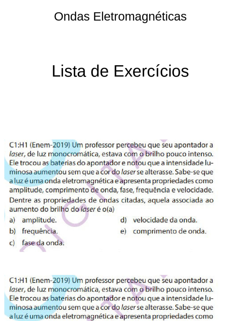 Lista de Exercícios Ondas Eletromagnéticas | PDF