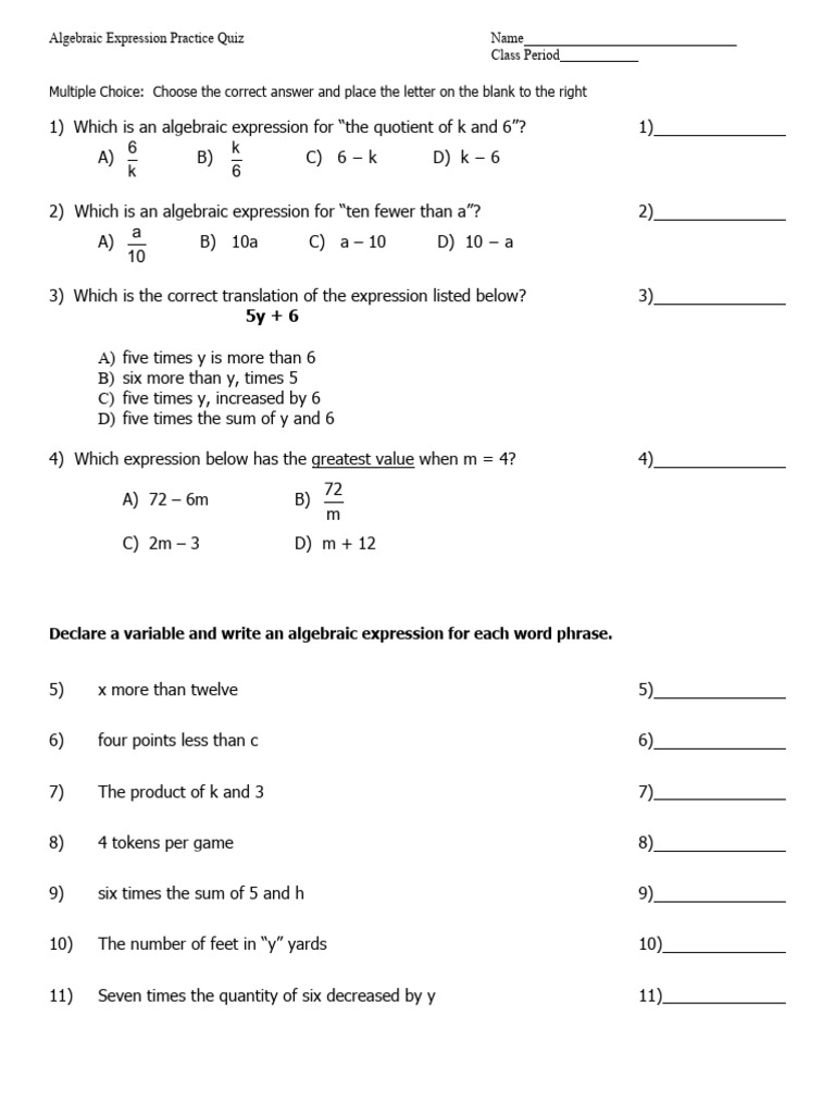 Algebraic_Expression_Quiz_Practice_2024-2025 | PDF | Algebra | Mathematics