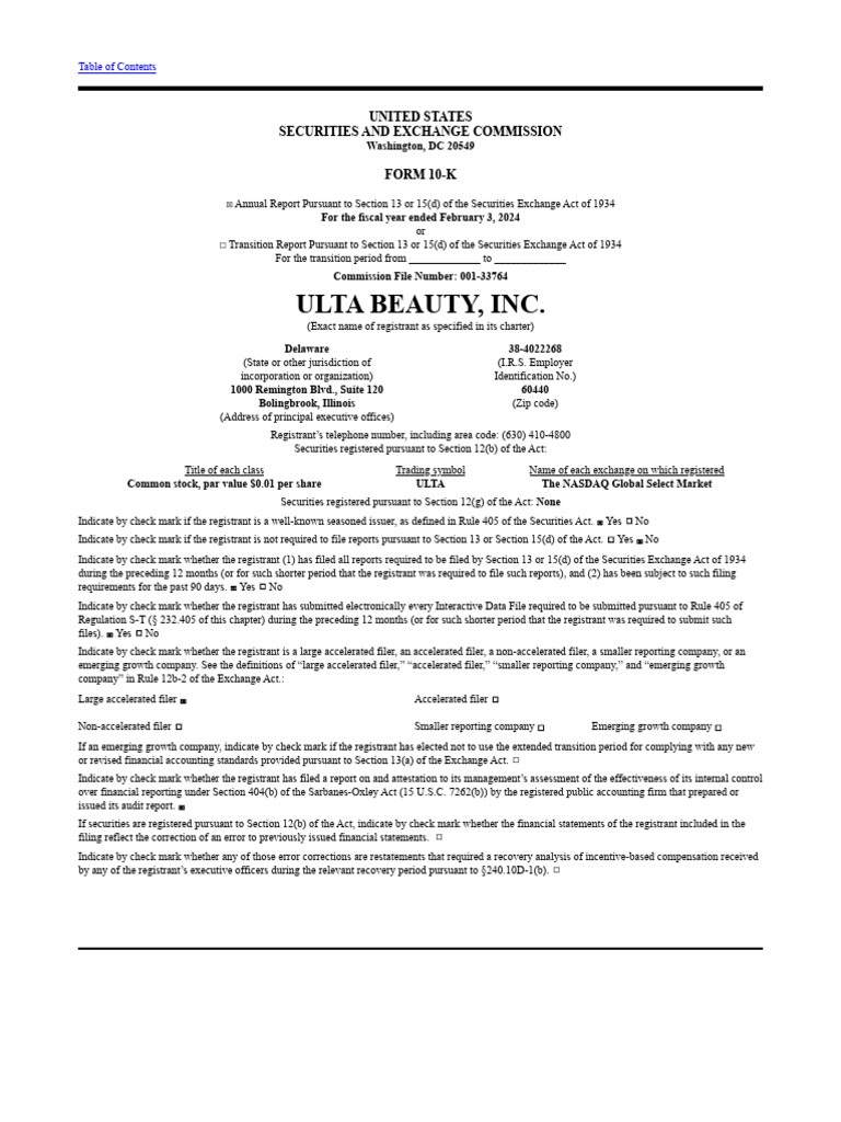 ULTA (2024) Form 10-K - 0001558370-24-003941 | PDF | Retail | Brand