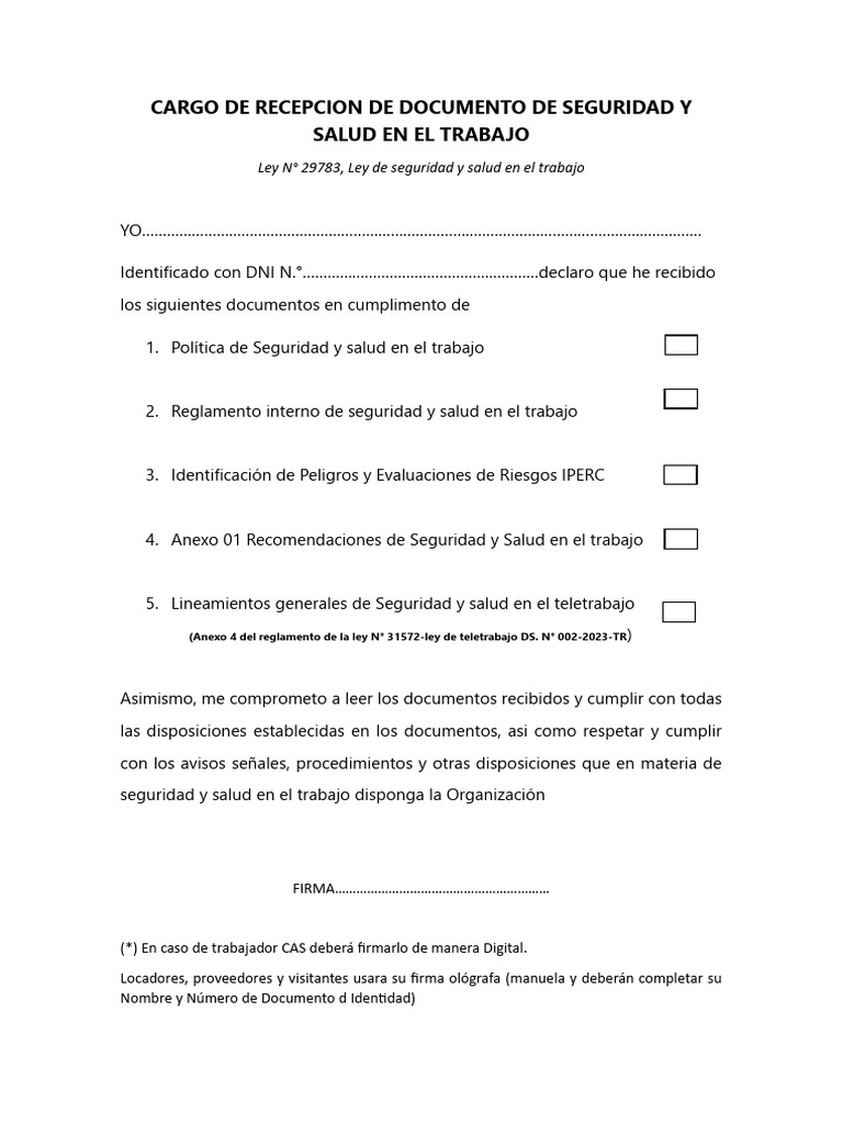 Cargo de Recepcion de Documento de SST | PDF