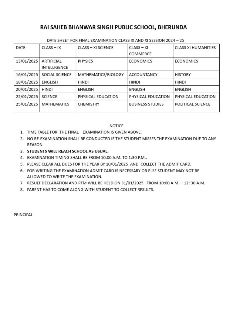Class IX & XI Final Exam Date Sheet 2025 | PDF