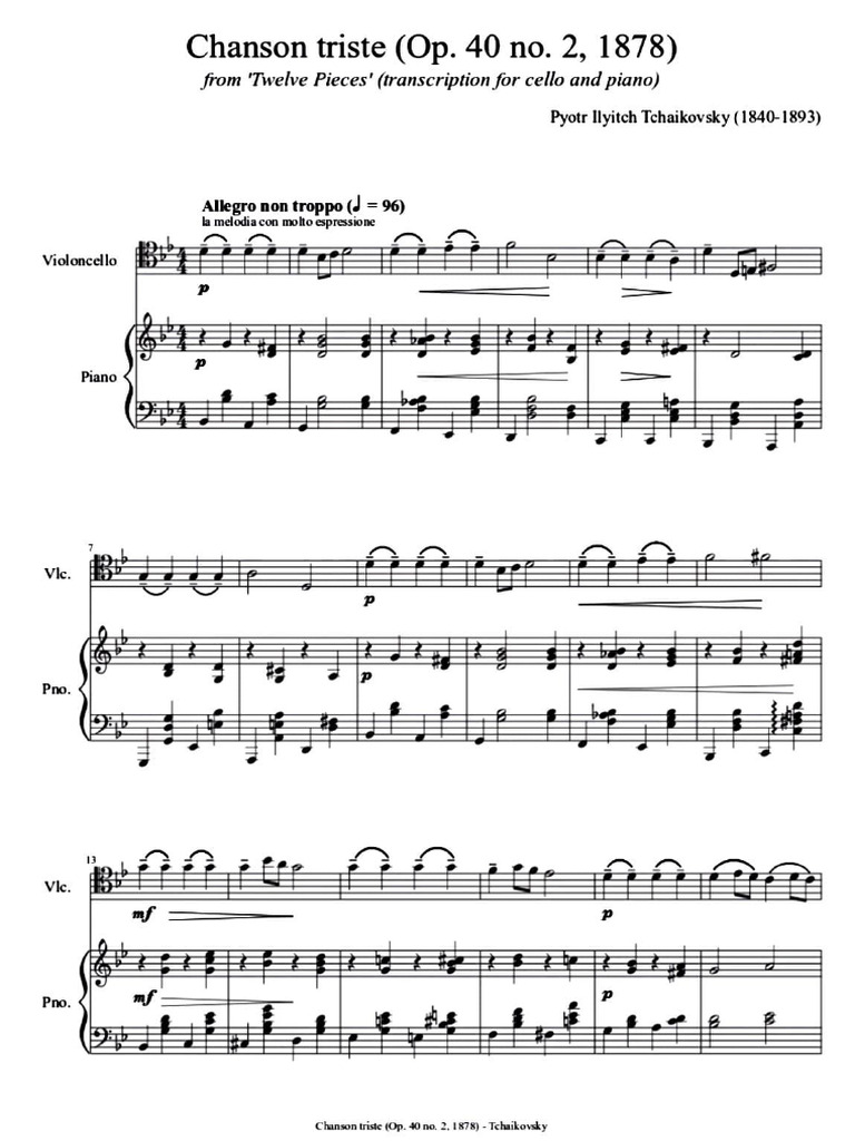 Tchaikovsky's Chanson Triste Op. 40 No. 2 | PDF | Pyotr Ilyich ...