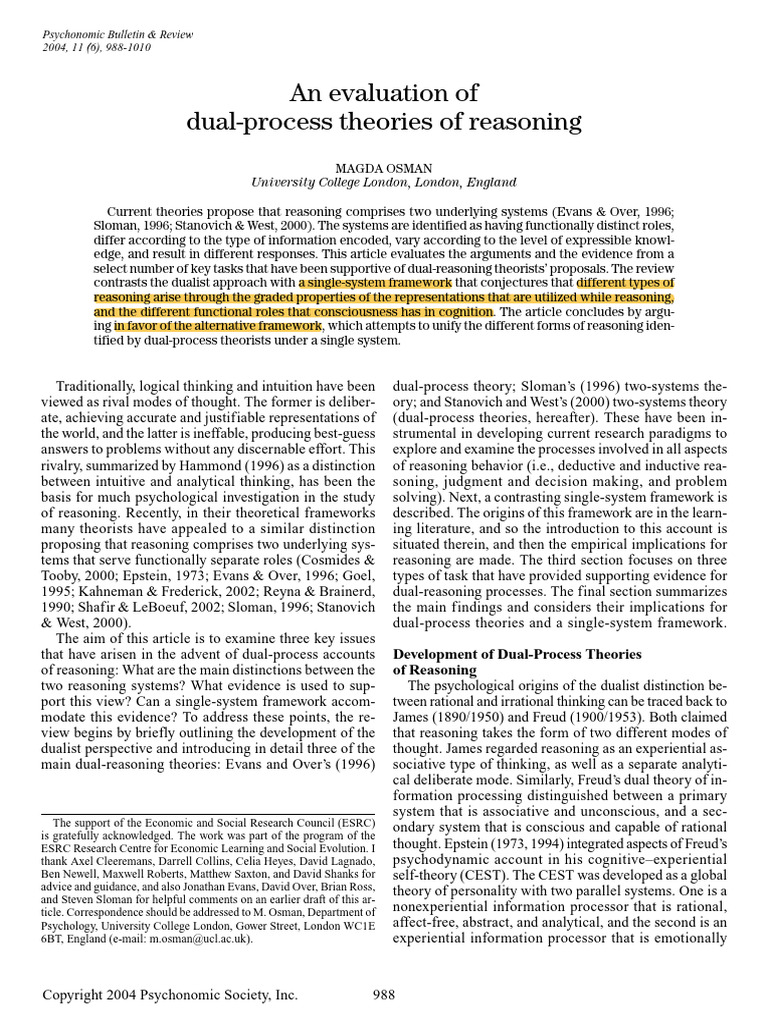 An Evaluation of Dual-Process Theories of Reasoning | PDF | Thought | Rationality