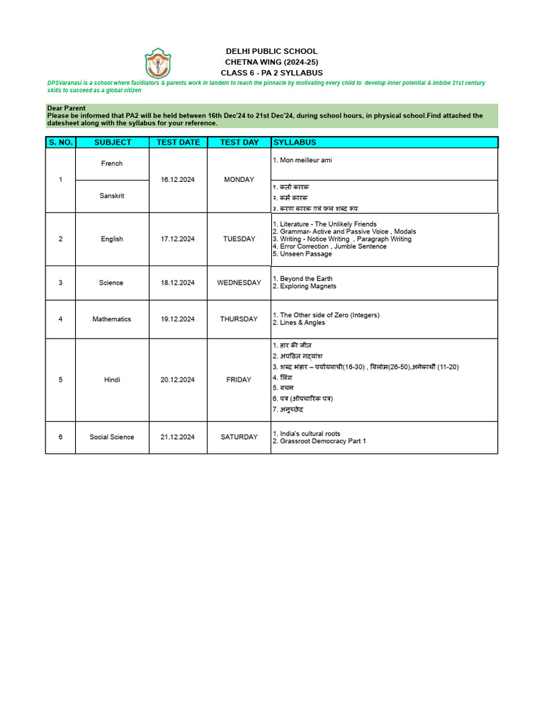 COMBINED PA2 SYLLABUS_24_25 - CLASS 6 | PDF | Linguistics