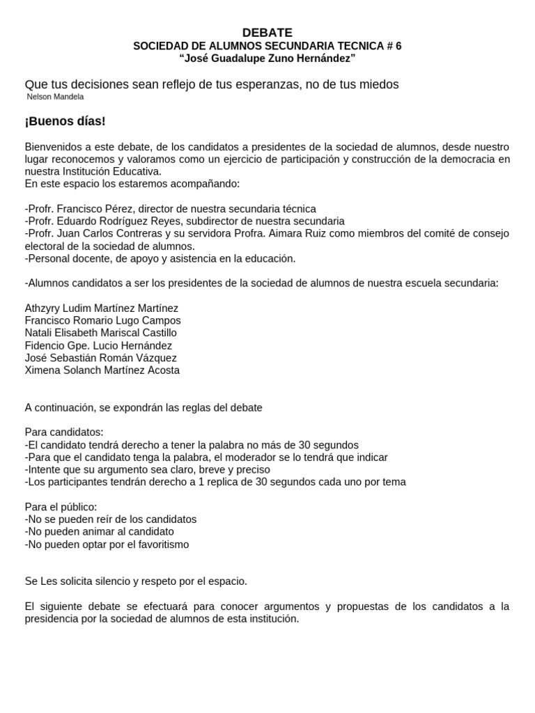 Debate de Candidatos a Presidentes Estudiantiles | PDF | Escuelas