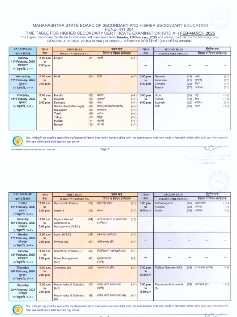 HSC Board Official Time Tabel | PDF
