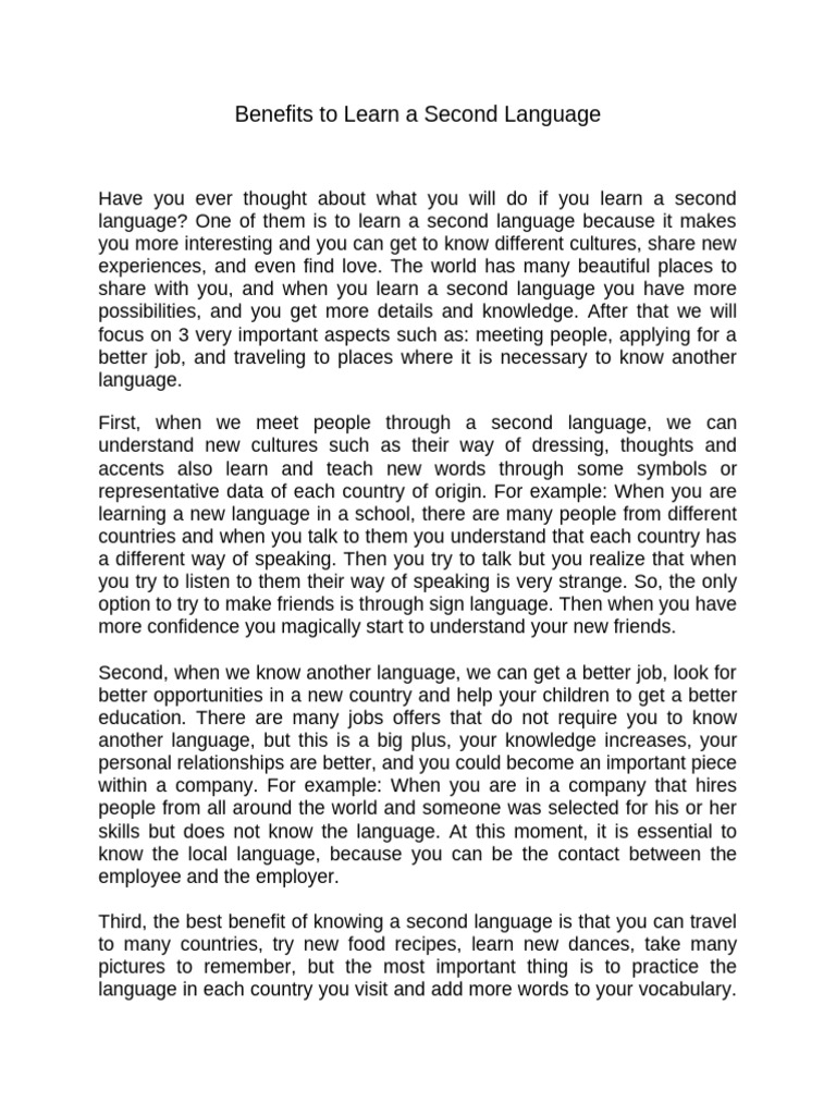Essay Benefits to Learn a Second Language | PDF | Second Language ...