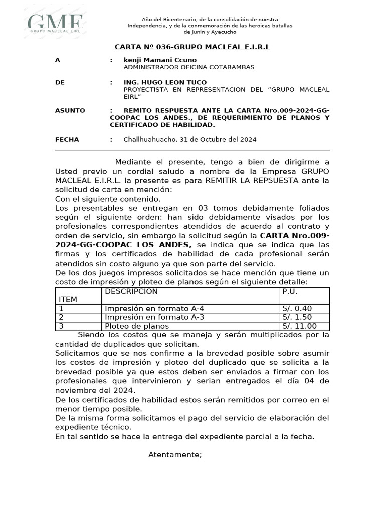 Respuesta a Carta 009: Planos y Costos | PDF