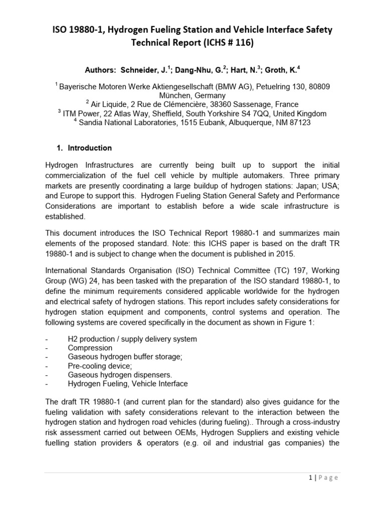 ISO 19880-1, Hydrogen Fueling Station and Vehicle Interface Safety ...